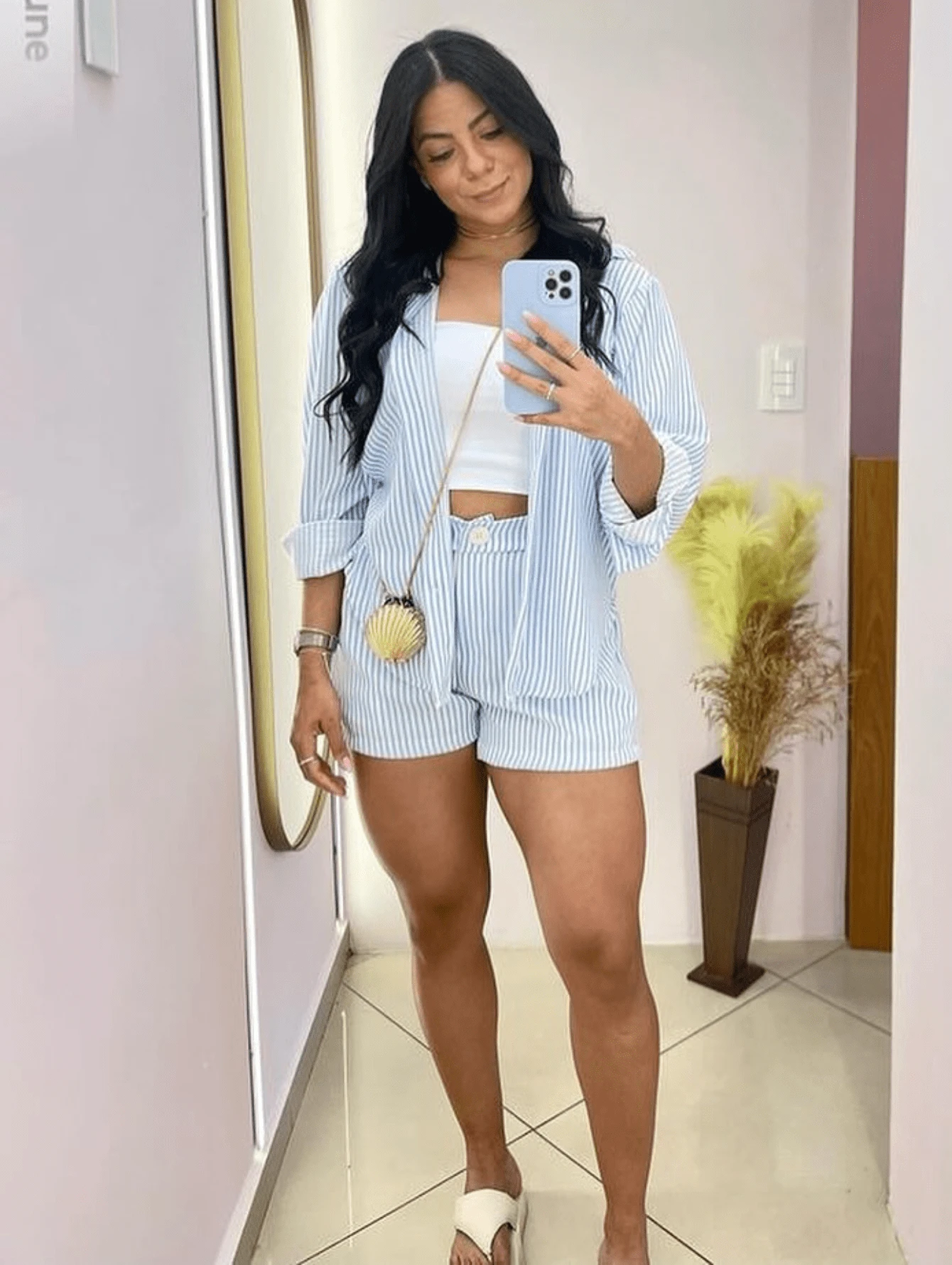 Conjunto Shorts e Blusa de Manga Longa Botões Aberta Listrada, Duna Leve, Moda Alfaiataria Verão ...