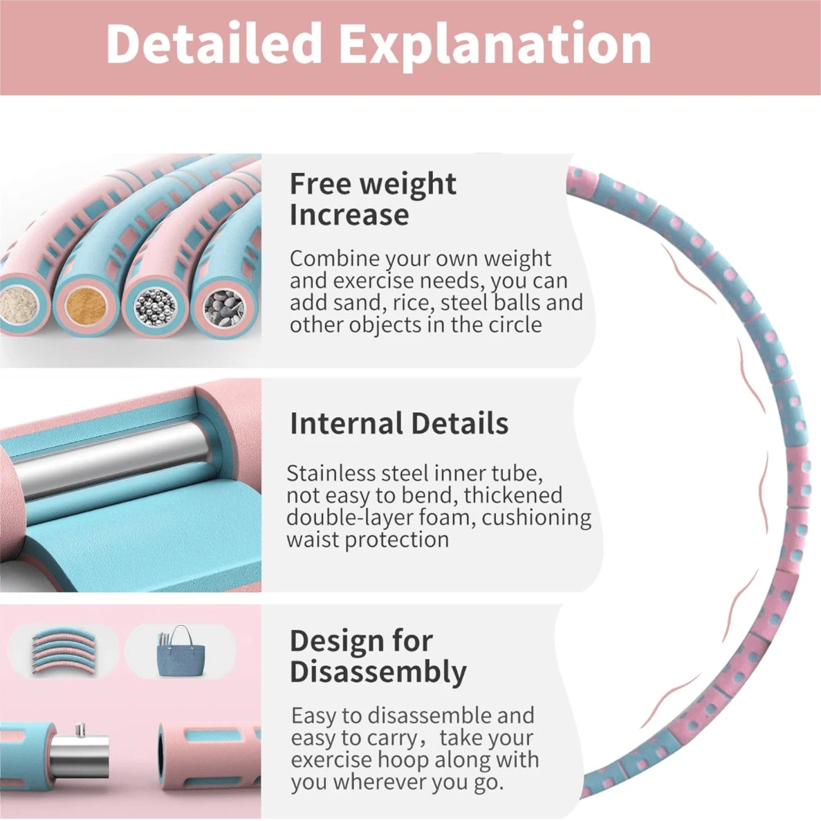 1pc Portable 6-Section Removable & Refillable Stainless Steel Hula Hoop ...