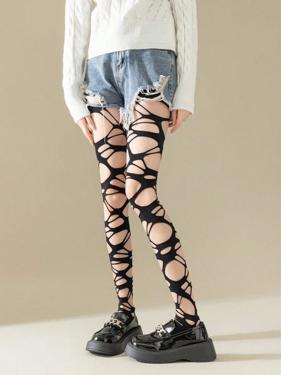 1pc Punk Rock Ripped Bandage Black Fishnet Y2K Thigh High Socks | SHEIN USA