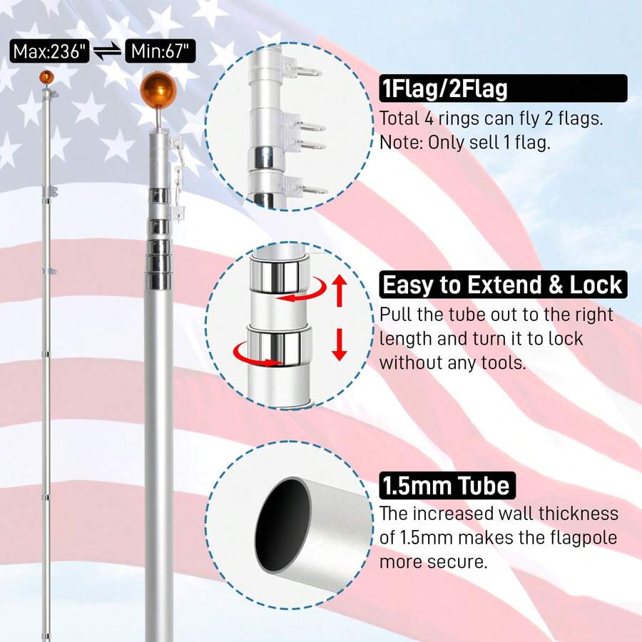Telescopic Flag Pole Kit, 20FT Height Adjustable Heavy Duty Aluminum ...