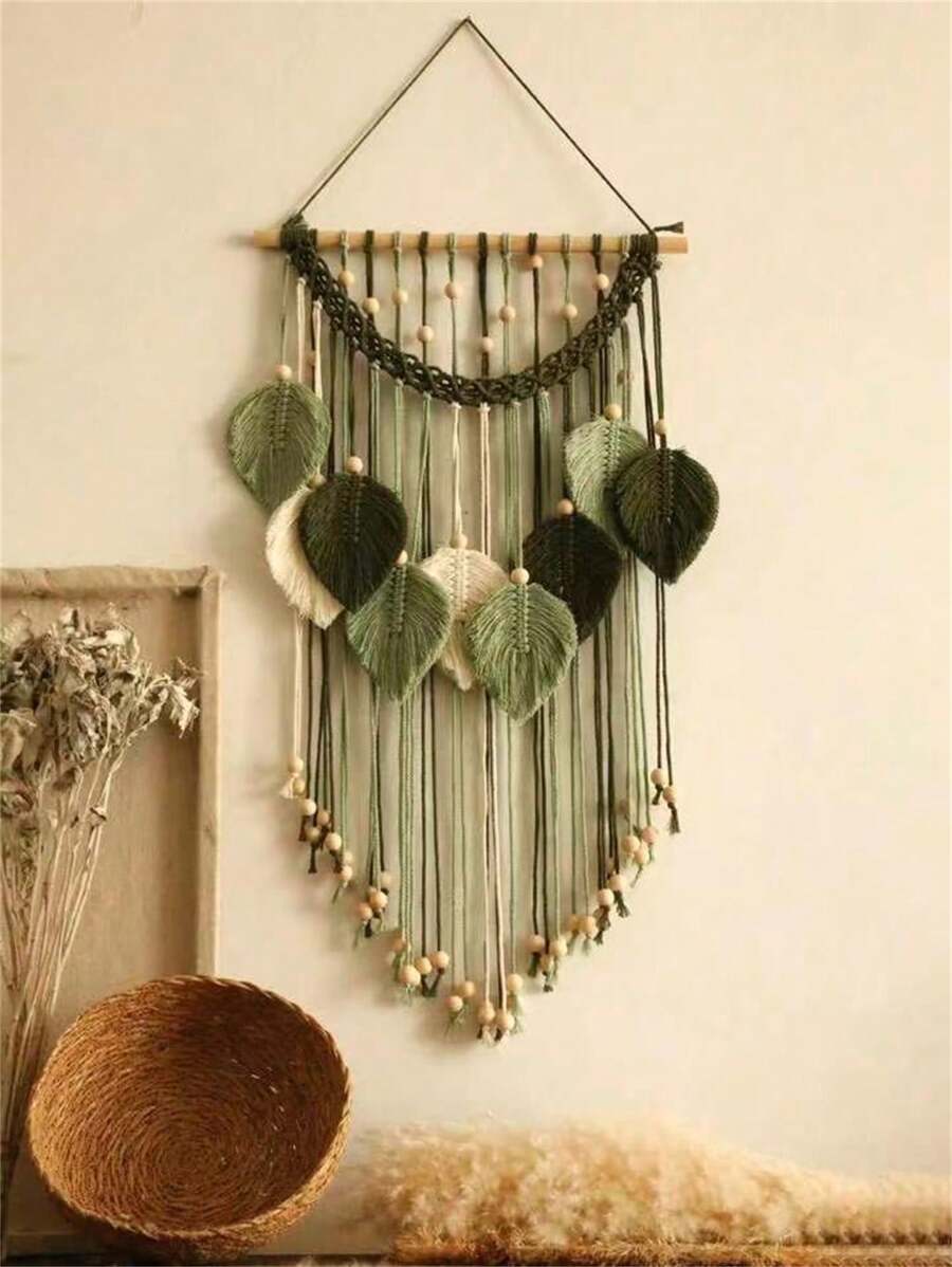 1pc Leaf & Feather Macrame Wall Hanging Decoration, Handmade Cotton ...