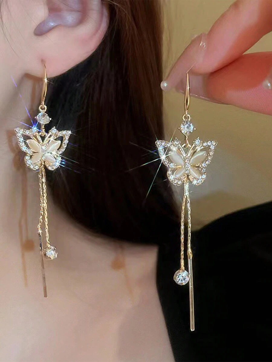Exquisite Butterfly Shiny Zirconia Inlaid Long Dangle Earrings Elegant Luxury Style Zinc Alloy ...