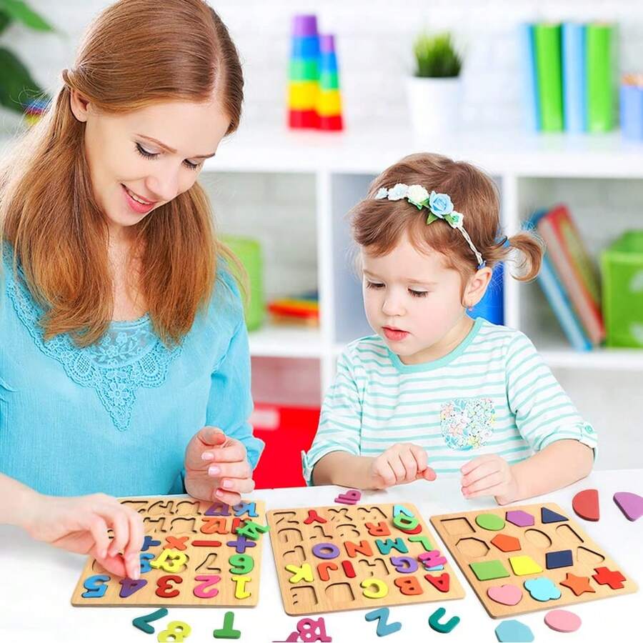 4-IN-1 Wooden Puzzles For Toddlers, Alphabet Shape Puzzles For Kids 3 ...