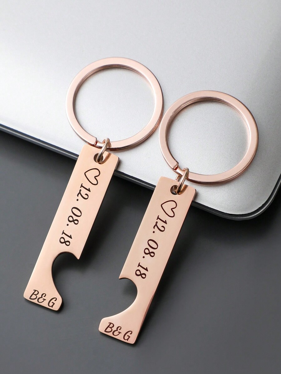 Custom Engraved Heart Couple Keychain Set, Wedding Date Keyring With ...