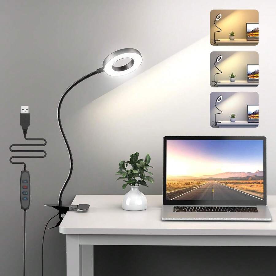 Clip-On Desk Lamp 3 Color Modes 10 Brightness Eye-Care Clip-On Lamp ...