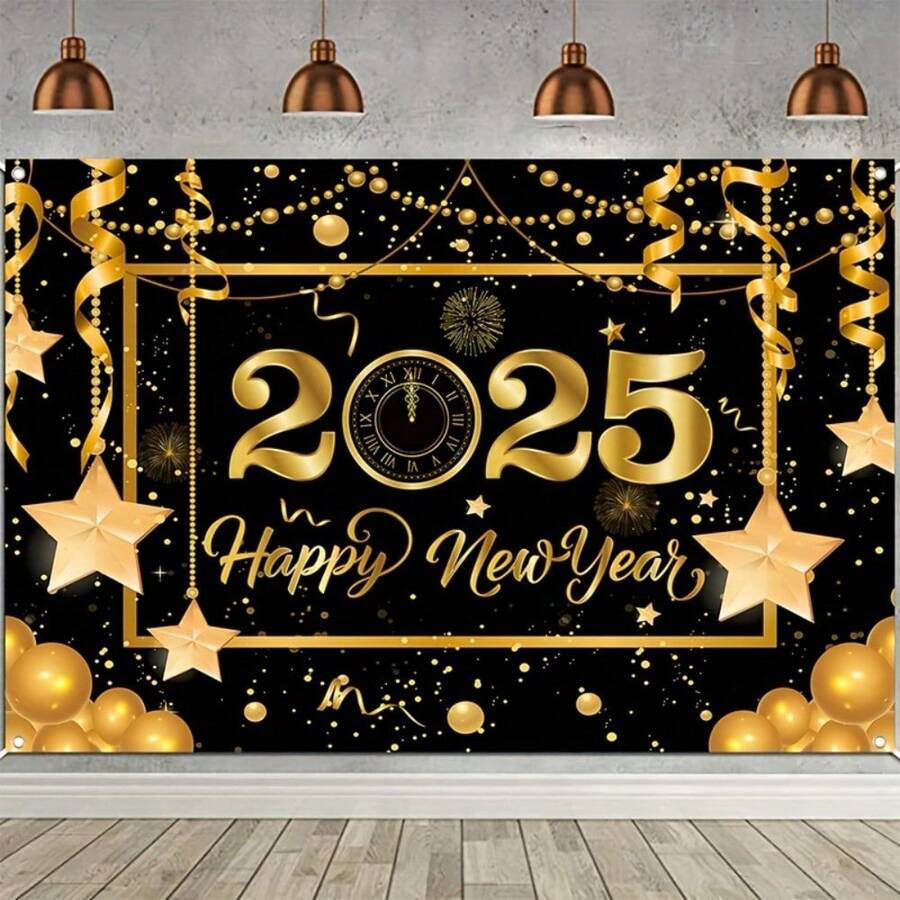 2025 Happy New Year Party Backdrop - Black & Golden Star Design ...