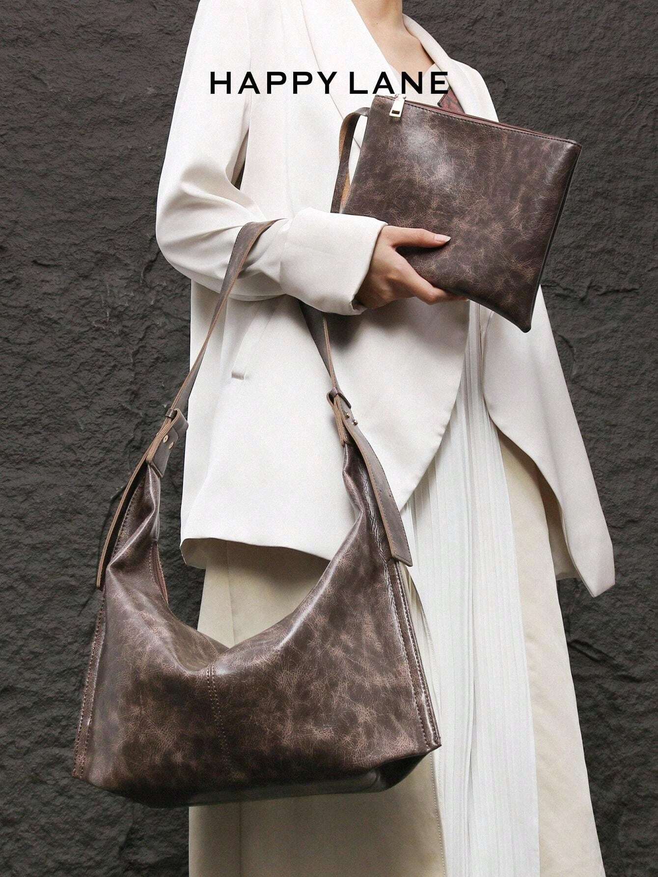 HAPPY LANE 高品質PUレザー製の2ピース バッグセット。シンプルでエレガントなデザインで、ヴィンテージの魅力を発しています。自然な ...