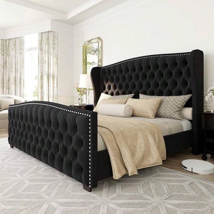 Platform Bed Frame, Velvet Upholstered Bed With Deep Button Tufted ...