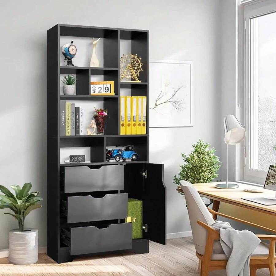 Stylish Black Bookshelf, 71" Tall Bookshelf With Doors And 3 Drawers ...