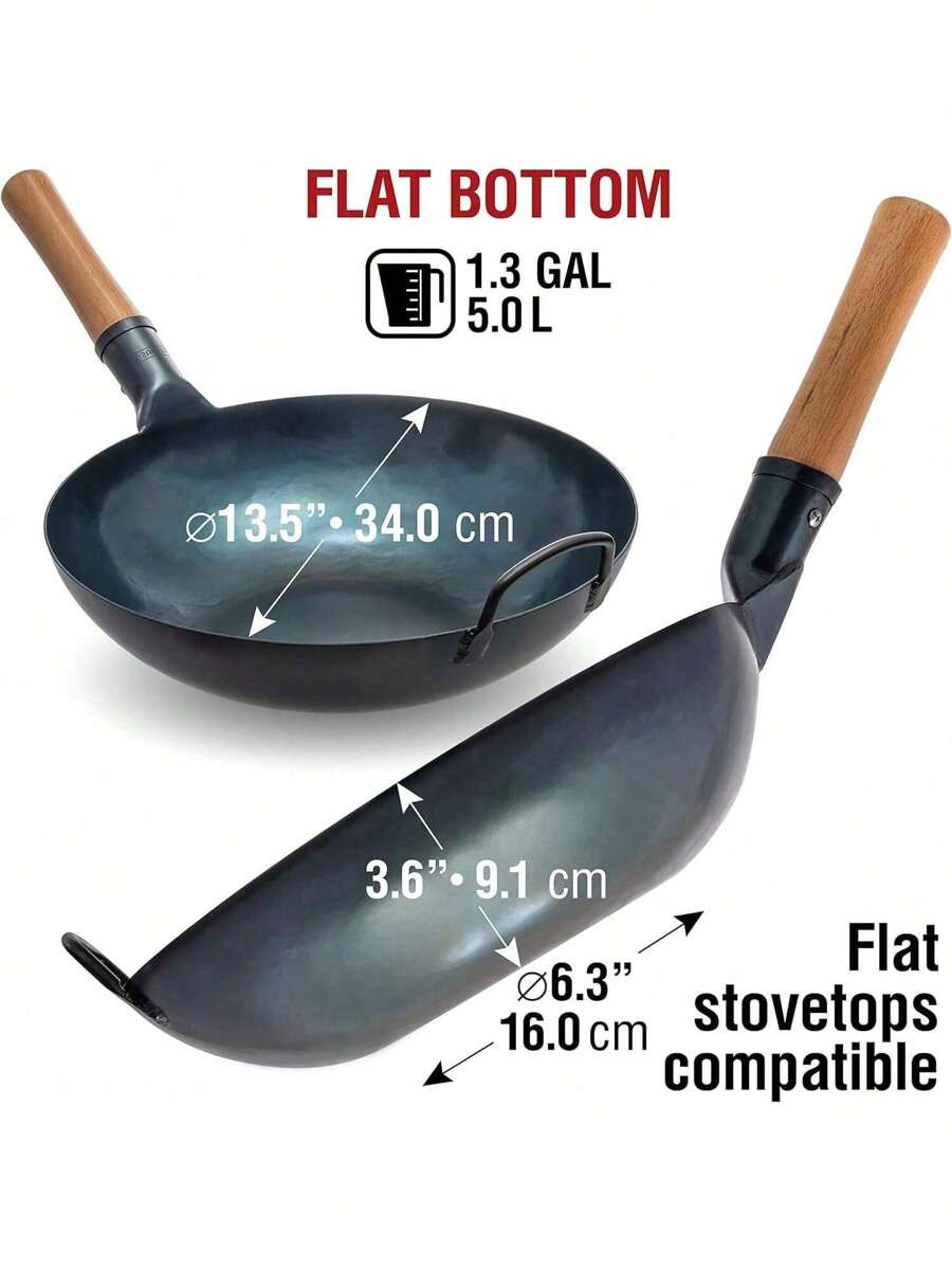 Wok y sartenes de 34 cm - Wok de acero al carbono azul con fondo plano previamente sazonado ...