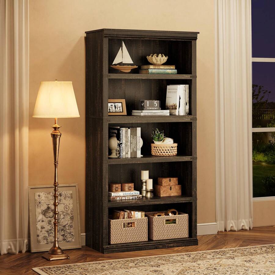 5 Tier Bookcase, Farmhouse Book Shelf With Storage Open Display ...