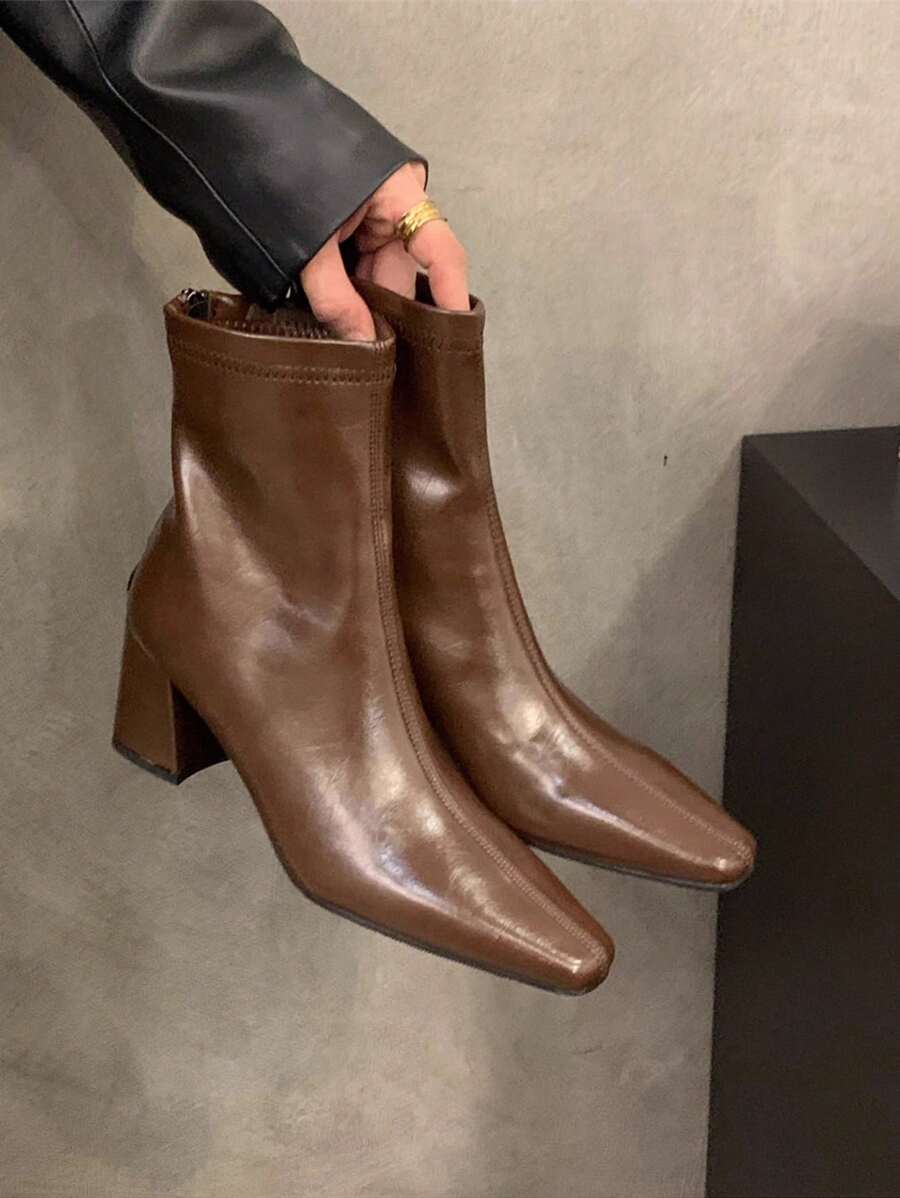 Botas de tacón alto de punta cuadrada marrones para mujer, nuevos ...