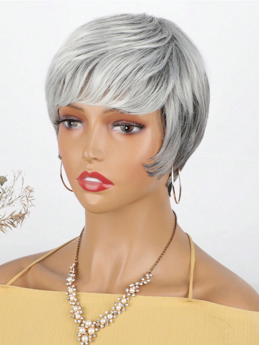 Short Pixie Wigs With Bangs 6Inch Pixie Cut Short Hair Wigs Silver Grey ...
