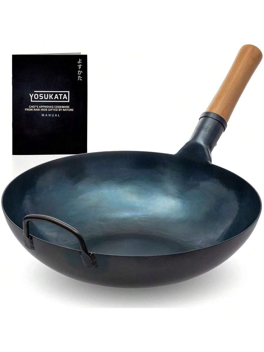 Woks And Frying Pans 34 Cm - Pre-Seasoned Flat Bottom Wok - Blue Carbon Steel Wok - Wok For ...