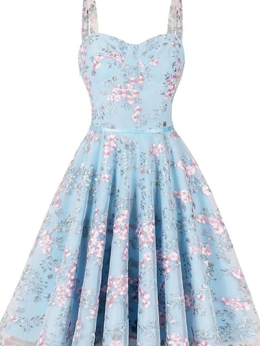 Women's Spaghetti Strap Floral Embroidered Tulle Swing Cocktail Dress ...