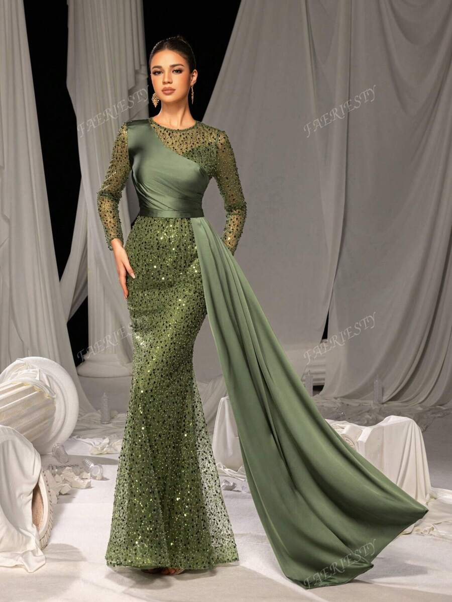 Luxury Long Sleeve Satin Side Streamer Beaded Gowns Formal Dresses ...