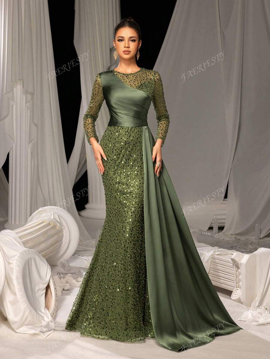 Luxury Long Sleeve Satin Side Streamer Beaded Gowns Formal Dresses ...