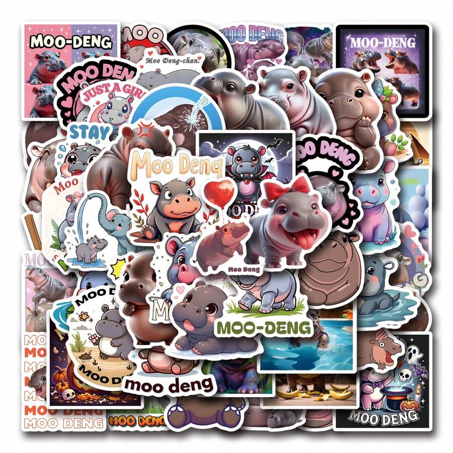 50pcs Moo Deng Hippo Stickers Vinyl Cartoon Animal Stickers For Water ...