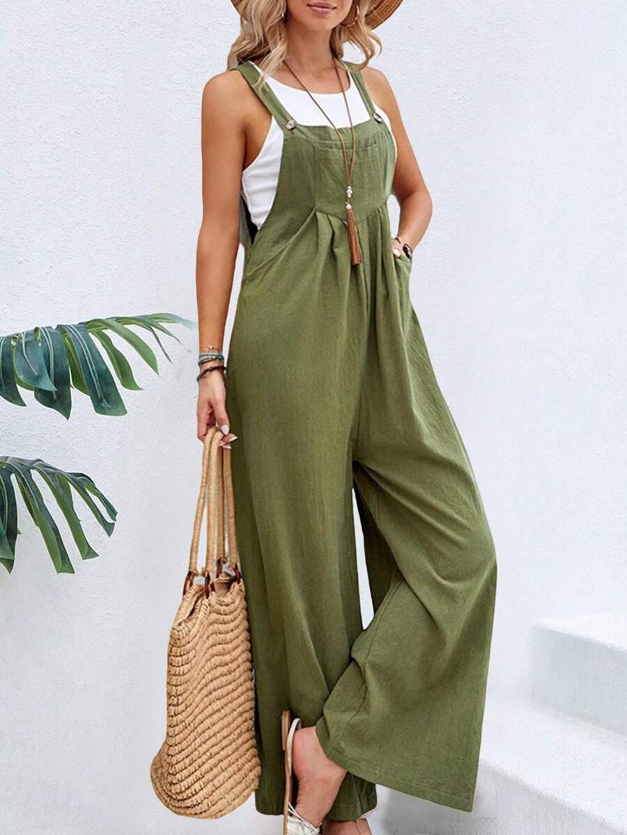 Strapless Sleeveless Pleated Front Wide-Leg Overalls With Two Side ...