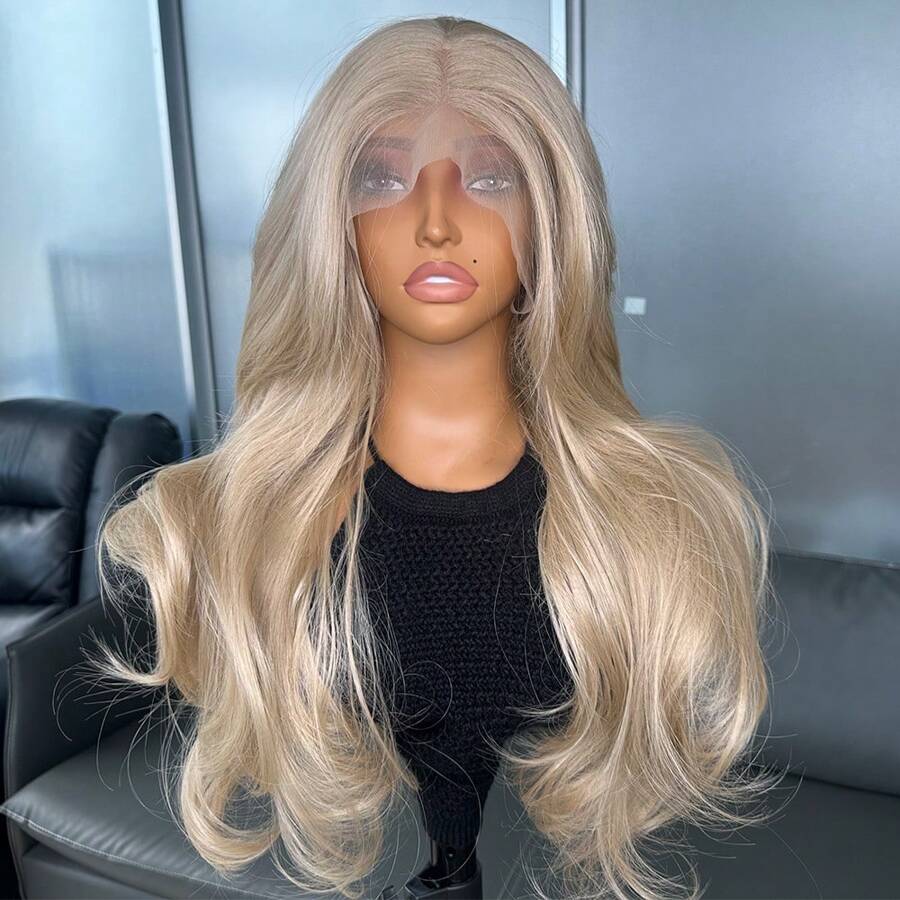 Blonde Lace Front Wig 22 Inch Long Wave Highlight Wigs Curtain Bangs ...