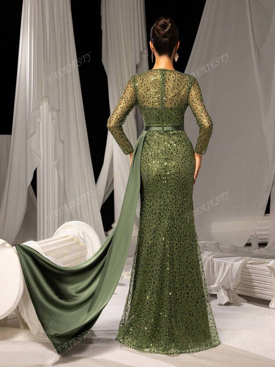 Luxury Long Sleeve Satin Side Streamer Beaded Gowns Formal Dresses ...