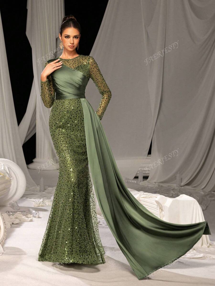 Faeriesty Robe de soirée de luxe à manches longues en satin avec bandes latérales perlées, robe ...