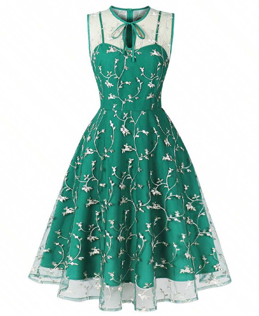 Women's Print Elegant Dress In The 1950s Retro Net Eye Cuffless Party ...