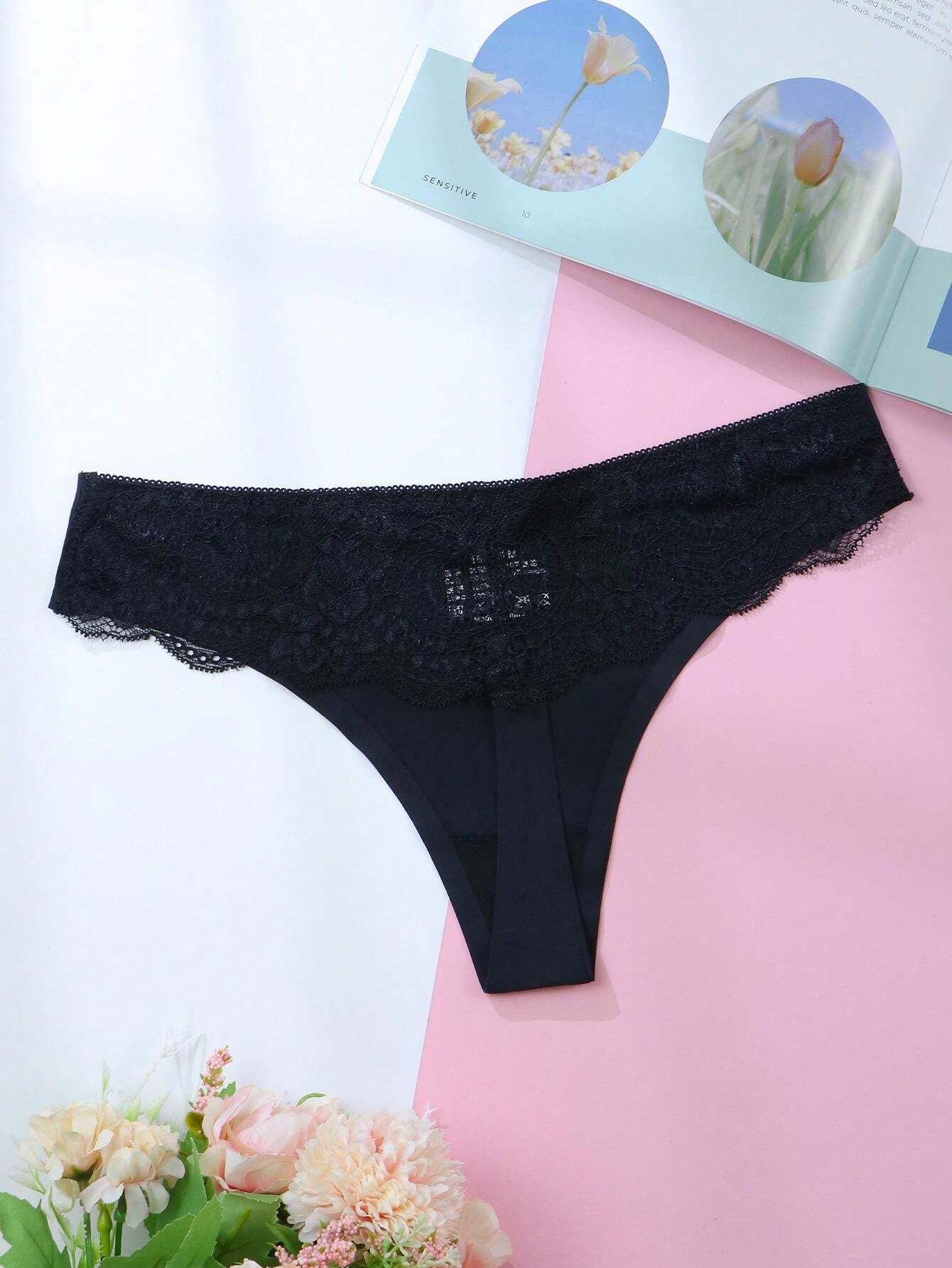 1 pieza Tanga de mujer de cintura baja sexy con entretejido de encaje negro sin costuras | Mode ...