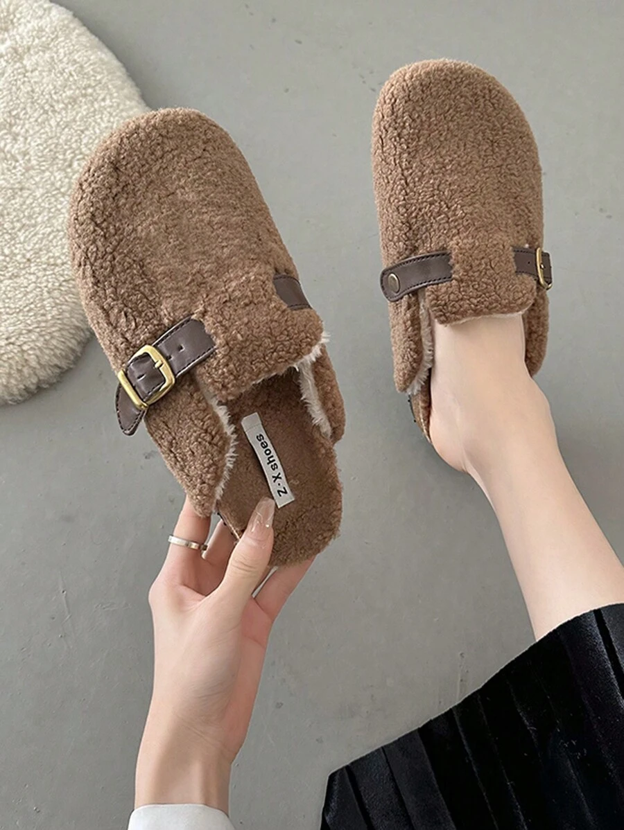 Women's Warm Faux Shearling Slip-On Slippers, Closed Toe Fluffy Slide ...