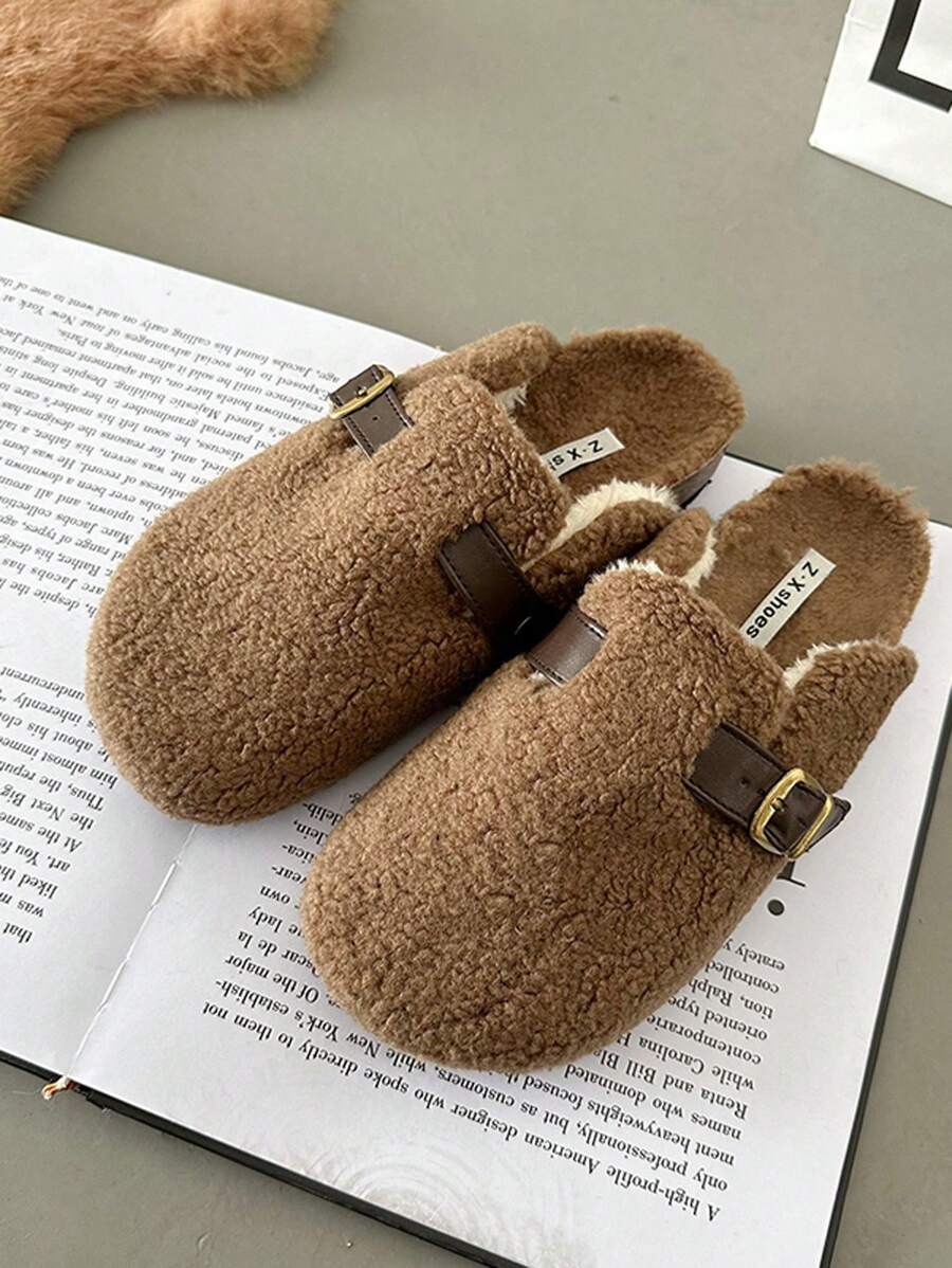 Women's Warm Faux Shearling Slip-On Slippers, Closed Toe Fluffy Slide ...