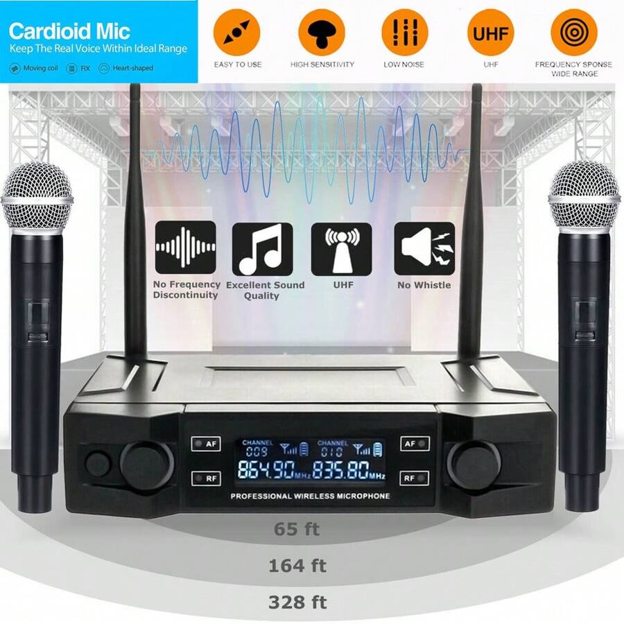 Professional 2 Channel UHF Dual Microphone Wireless Cordless Handheld ...