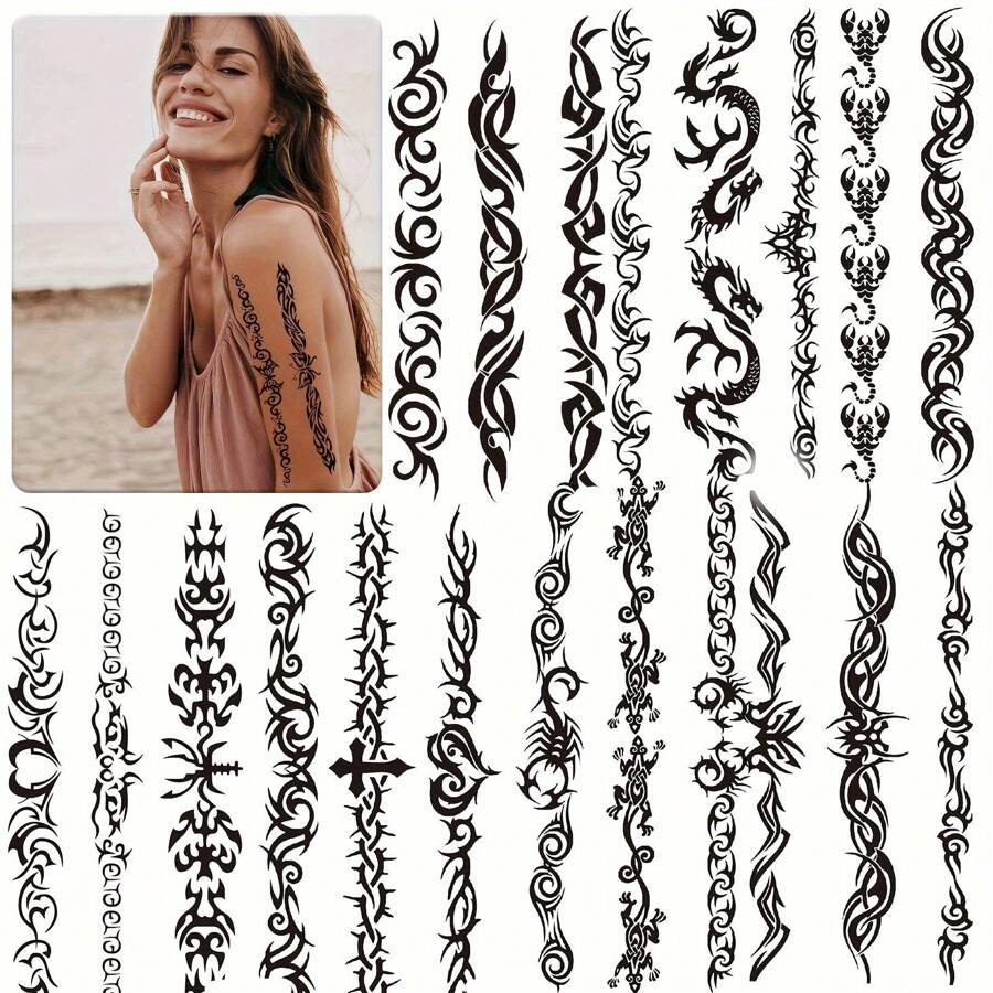 10 Sheets Tribal Temporary Tattoos For Women - Large Waterproof Fake ...