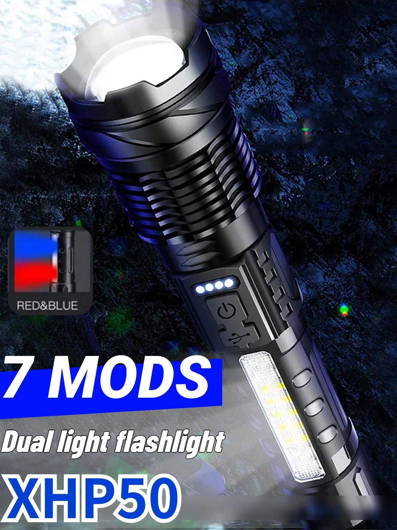 High Power Zoom LED Flashlight COB Warning Side Light USB Rechargeable ...
