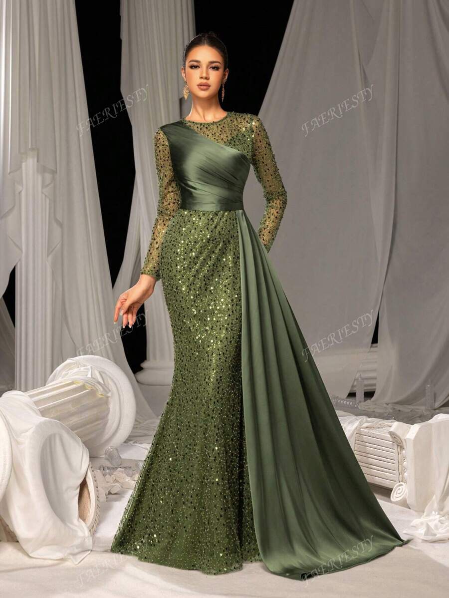 Luxury Long Sleeve Satin Side Streamer Beaded Gowns Formal Dresses ...