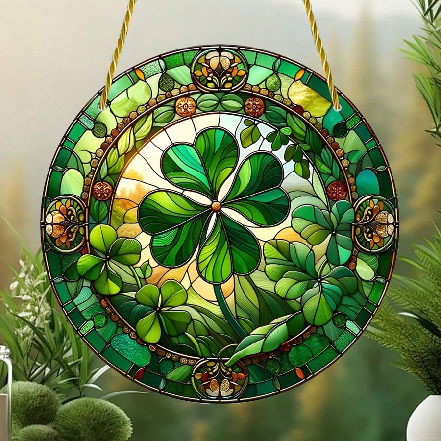 1pc Lucky Four-Leaf Clover Suncatcher, 2D Painted Glass Style Acrylic ...
