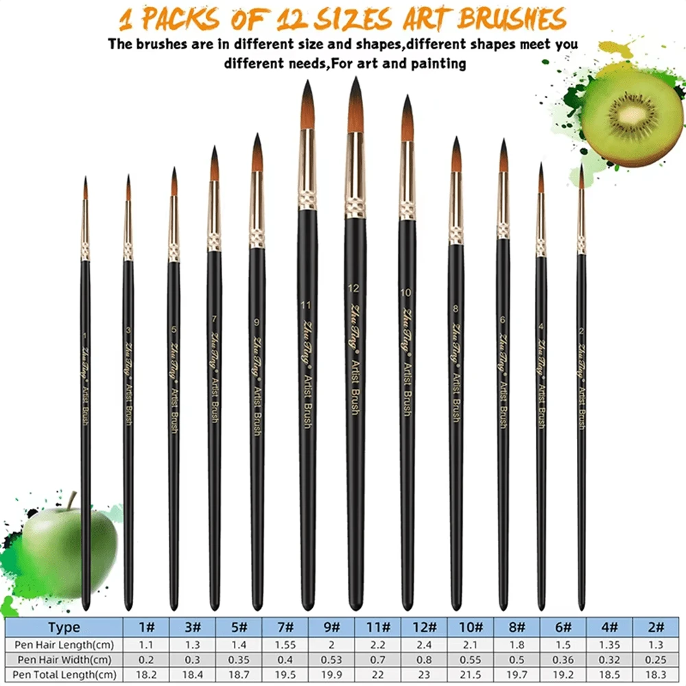 12pcs Professional Paint Brushes Set, Round Pointed Tip, Nylon, Multi ...