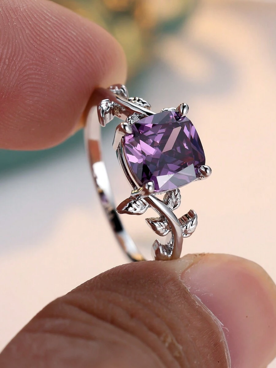 1pc Elegant Purple Square Cubic Zirconia Flower Design Ring, Luxury For ...