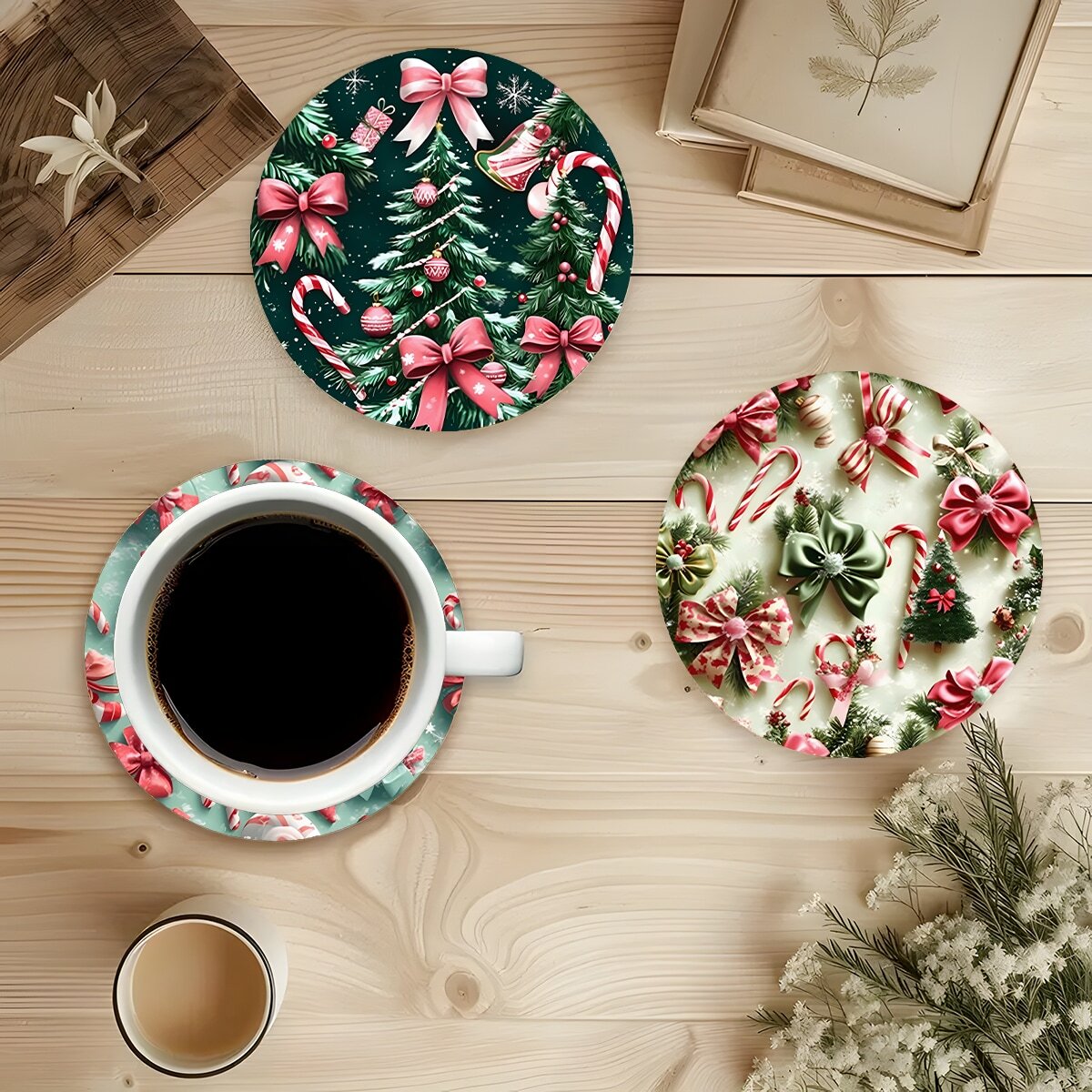 1/4/6pcs Christmas Themed Coasters Set, 3D Xmas Tree, Bow, Candy Cane ...