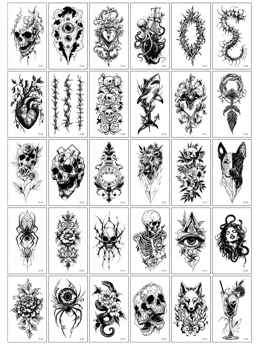 30 Temporary Tattoo Stickers, Black Skull, Octopus, Centipede, Thorn ...