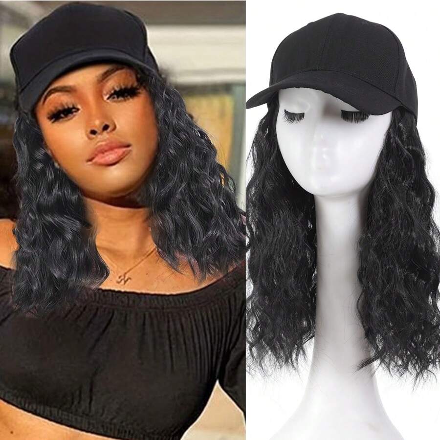 12 Inch Natural Curly Hair Wigs With Hat Black Synthetic Fluffy ...