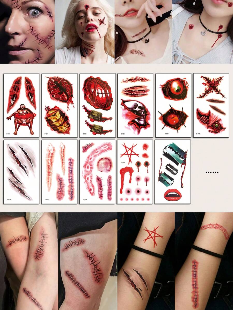 11 Pcs 3D Blood Tattoo Stickers Body Face Scar Realistic Temporary ...