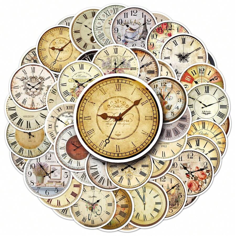 50pcs Nostalgic Clock Stickers For Laptop Refrigerator Suitcase Car ...
