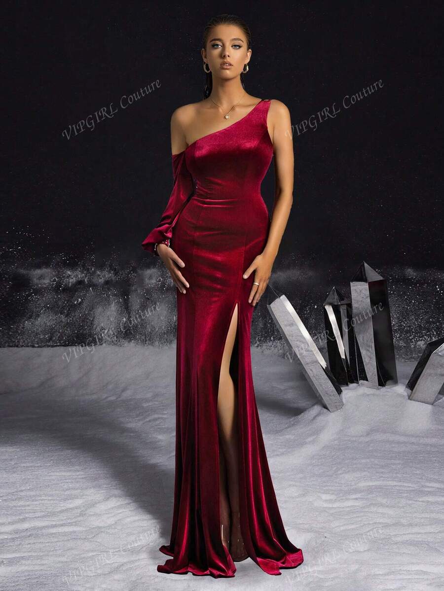 Women's Elegant Vintage Wine Red One Shoulder High Slit Velvet Maxi ...