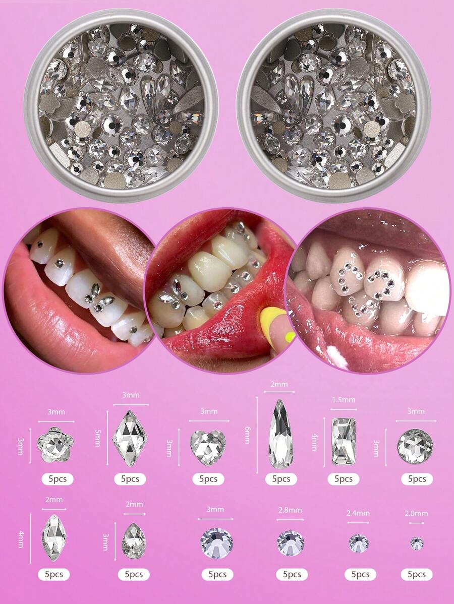 JADVY 60 Pieces Tooth Gems DIY Teeth Crystal Flat Back Glass Gemstone ...