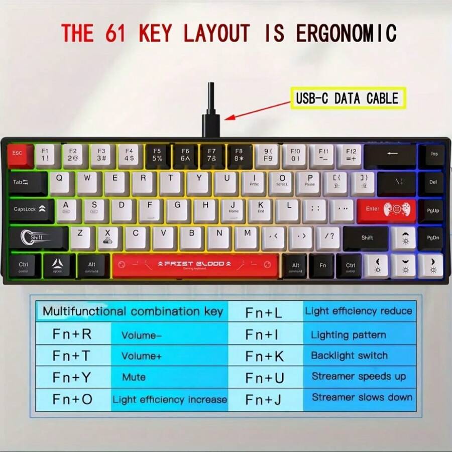 68 Keys Mini RGB Backlit Keyboard, Computer USB Backlit Two-Color Key ...