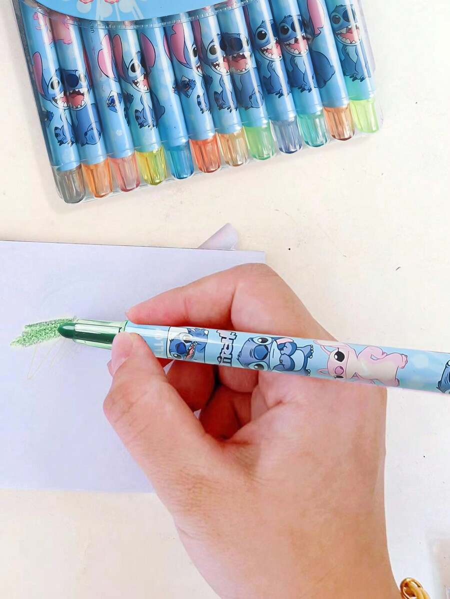 طقم قرطاسية بألوان رسم جميلة من ليلو وستيتش 12 لون، تشمل أقلام دوارة، أصباغ زيتية وأقلام شمع