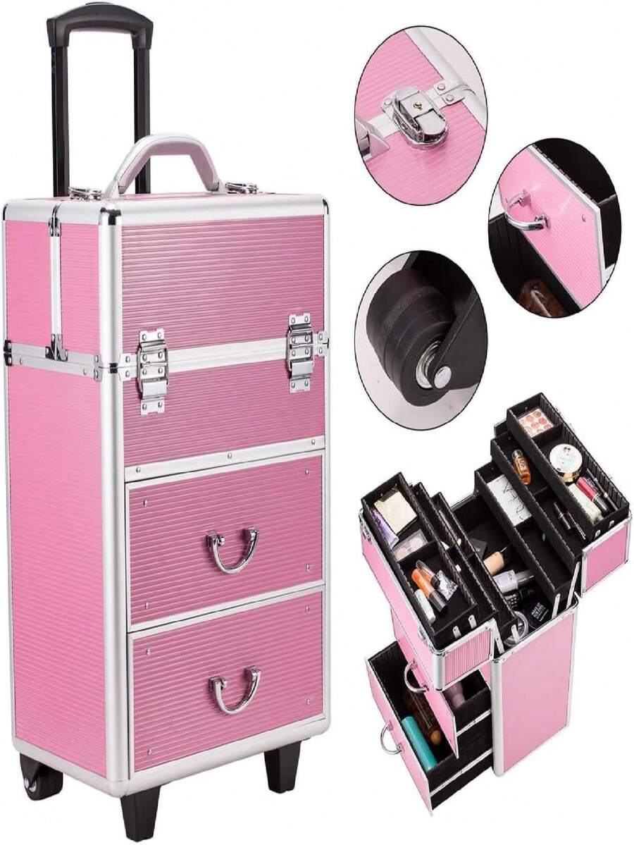 Makeup Case - 3 In 1 Aluminum Professional Rolling Cosmetic Beauty ...