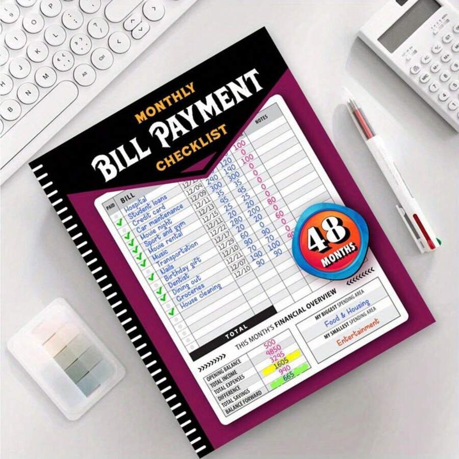 4-Year Monthly Bill Payment Organizer With 48-Month Tracker, Household ...