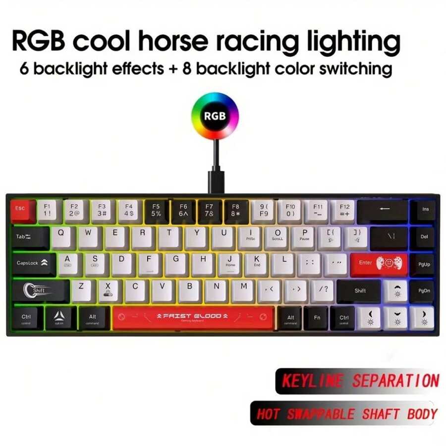 68 Keys Mini RGB Backlit Keyboard, Computer USB Backlit Two-Color Key ...