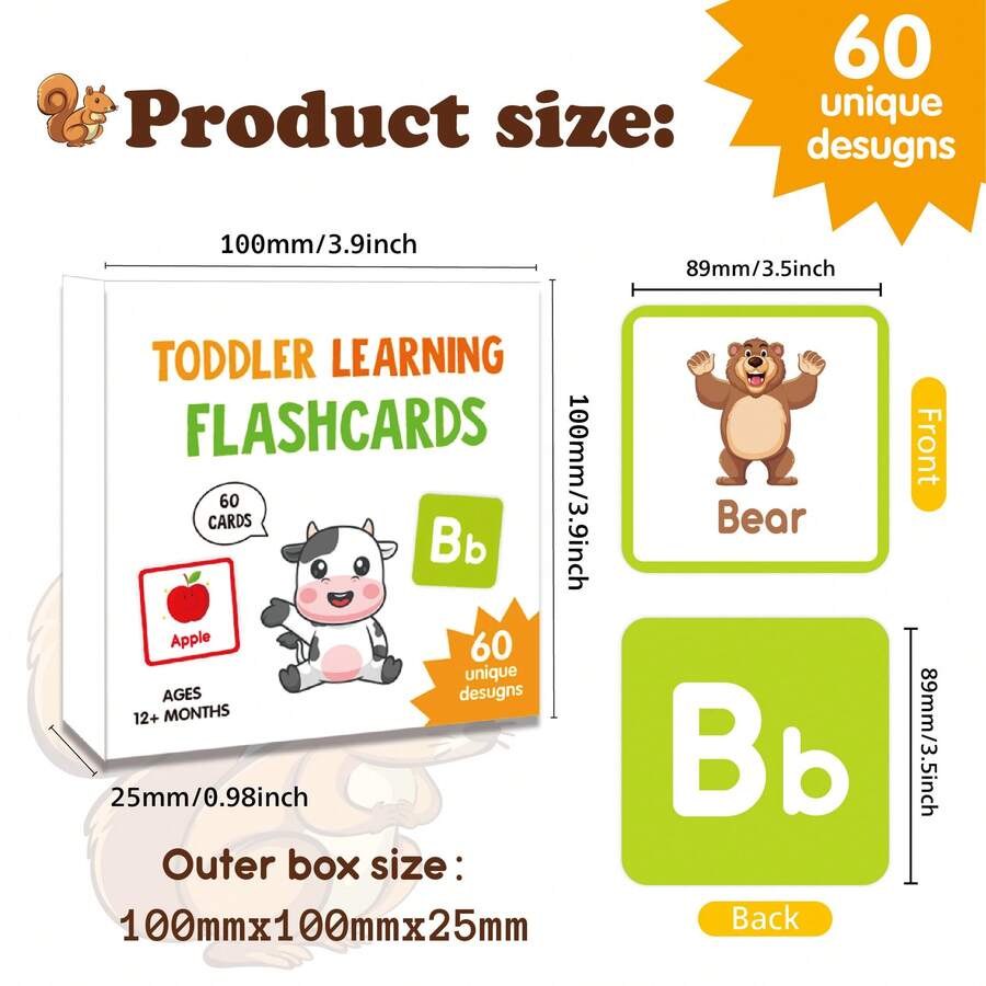 60pcs Kids Early Learning Flash Cards Set, Cartoon Themed With Alphabet, Words, Shapes, Animals ...